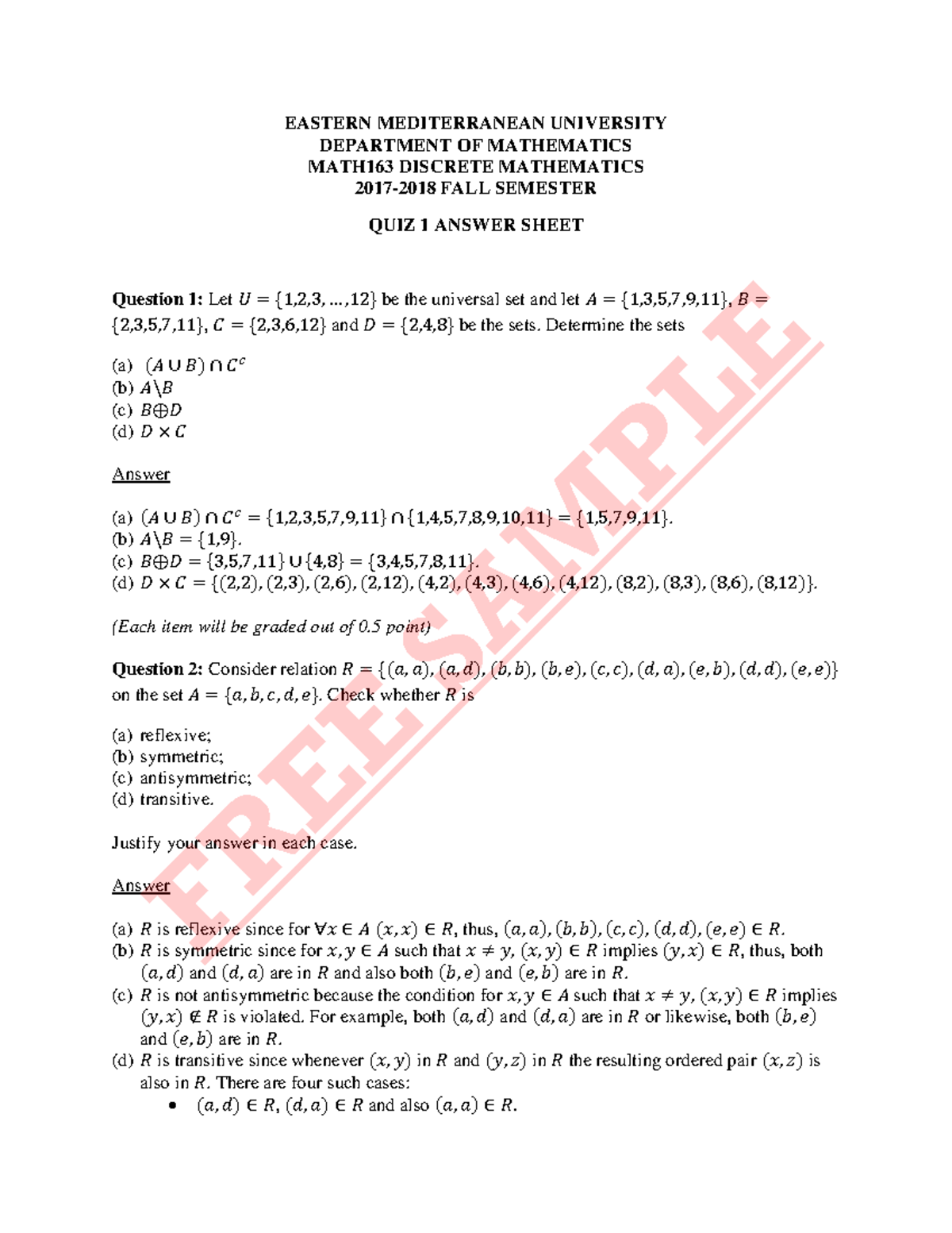 MATH163 Quiz1 2017-18 Fall Answer Keys - EASTERN MEDITERRANEAN ...