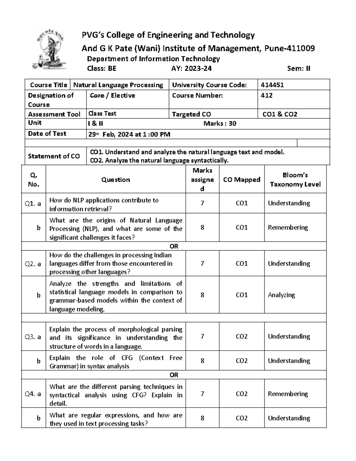 Class test NLP - PVG’s College of Engineering and Technology And G K ...