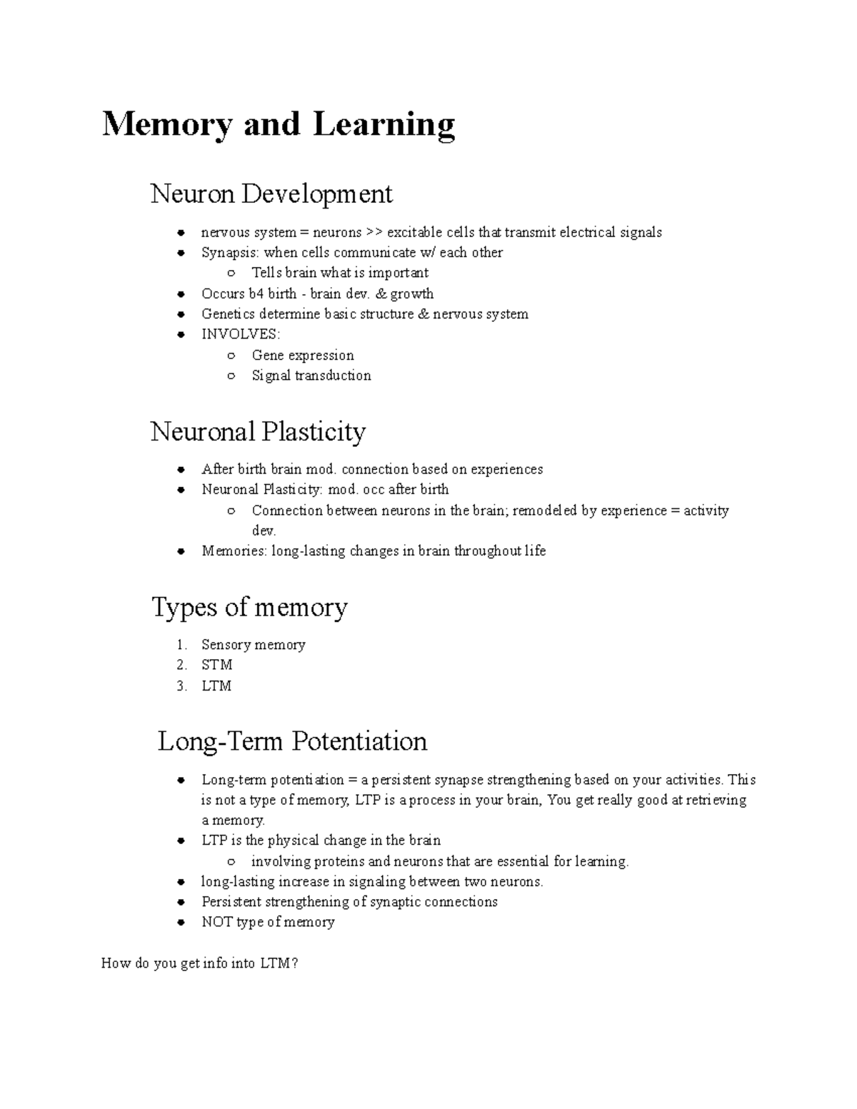 Bio 115 Memory and Learning Notes - Memory and Learning Neuron ...