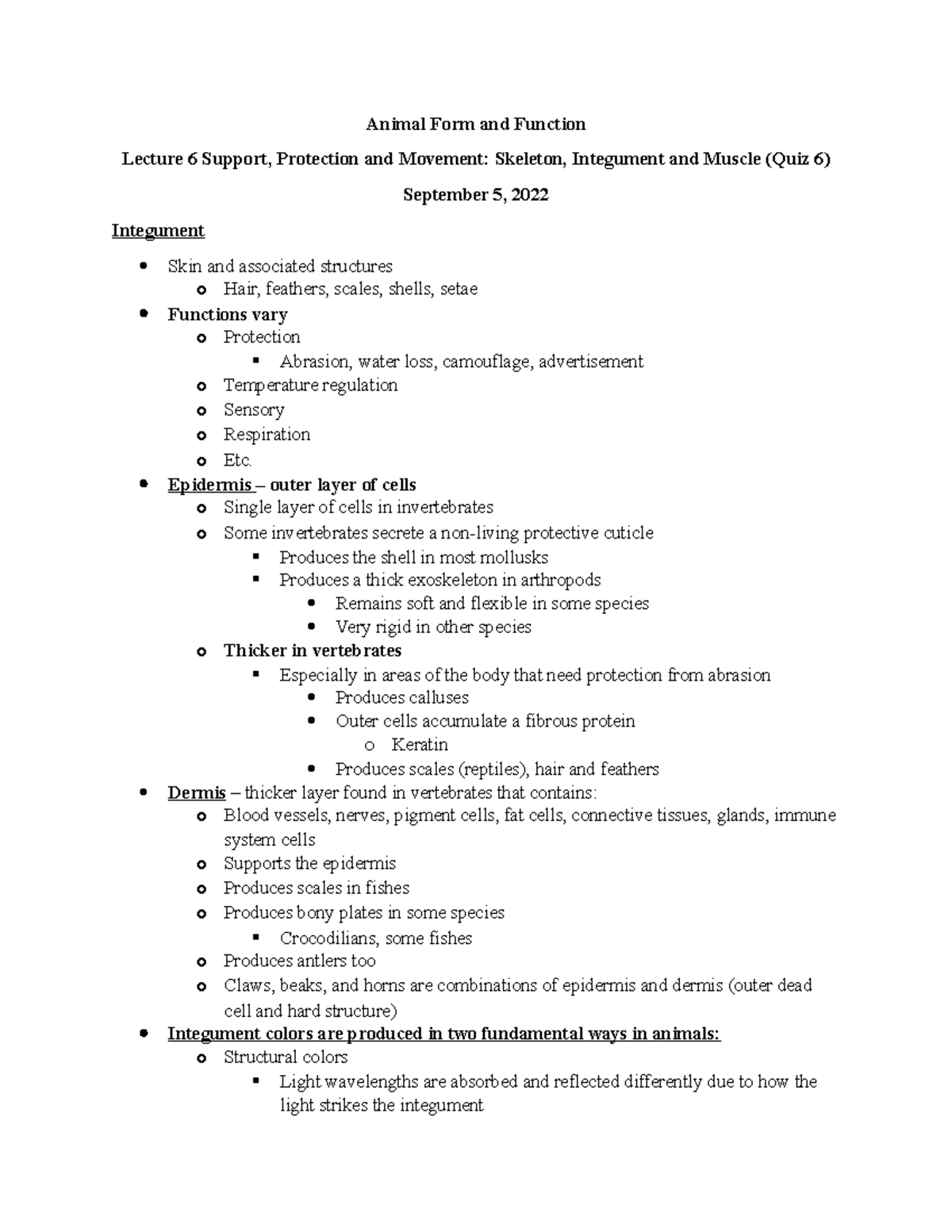 BIOL2371 Lecture 6 Support, Protection, and Movement - Animal Form and ...