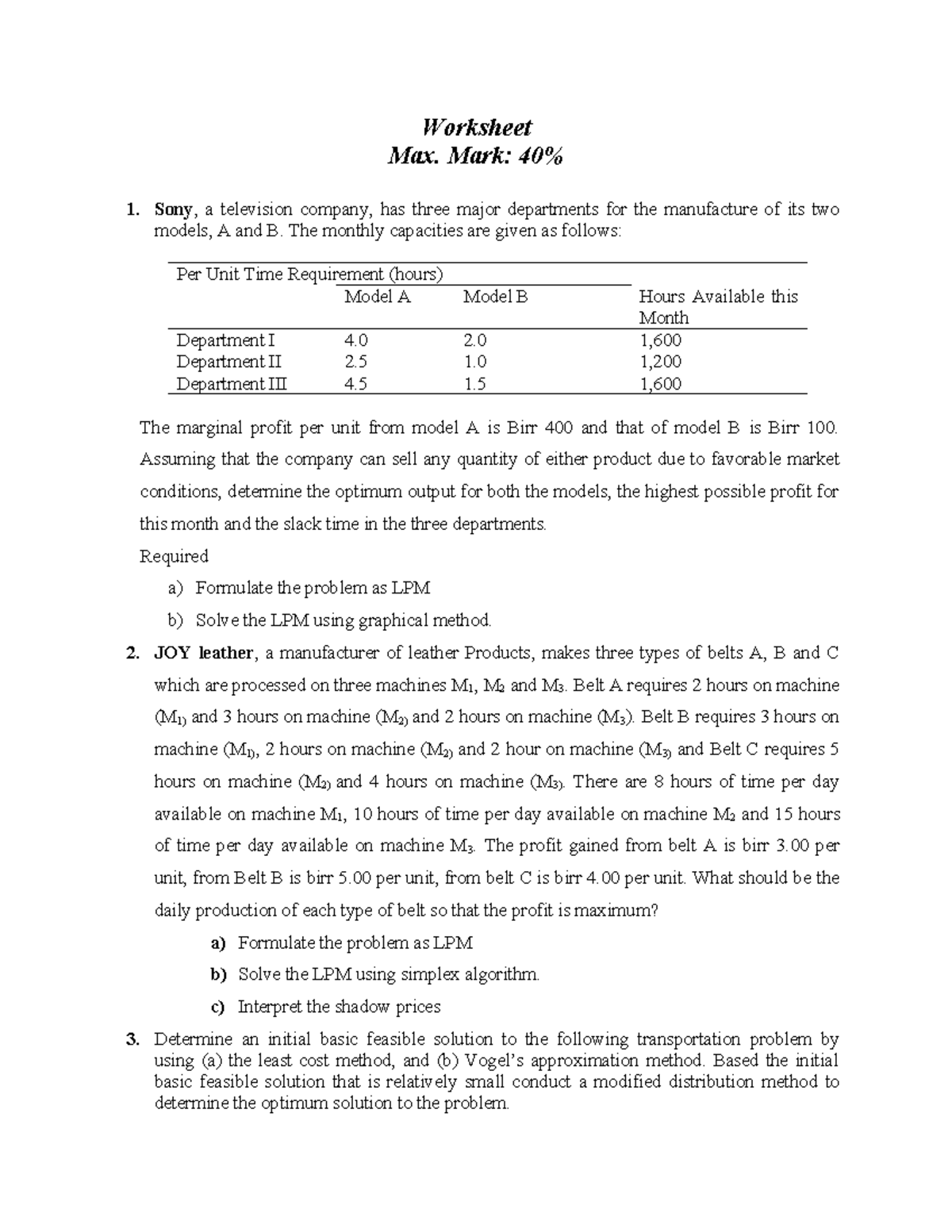 Quantitative worksheet - Worksheet Max. Mark: 40% Sony, a television ...