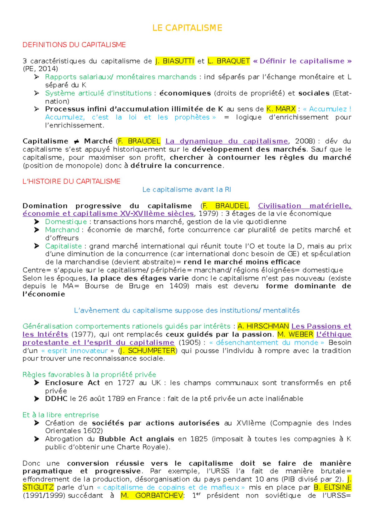 Capitalisme - Notes de cours 1 - LE CAPITALISME DEFINITIONS DU ...