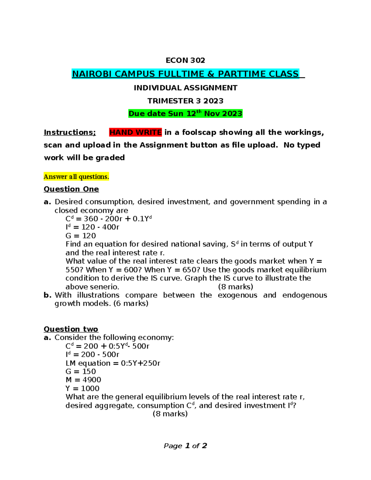 ECON 302 -Nairobi Campus Fulltime and Parttime Assignment 1-1 - ECON ...