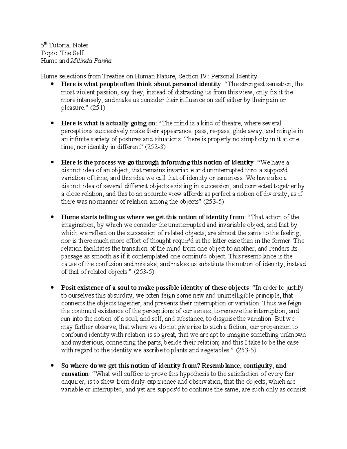 5th Tutorial Notes - 5 th Tutorial Notes Topic: The Self Hume and ...