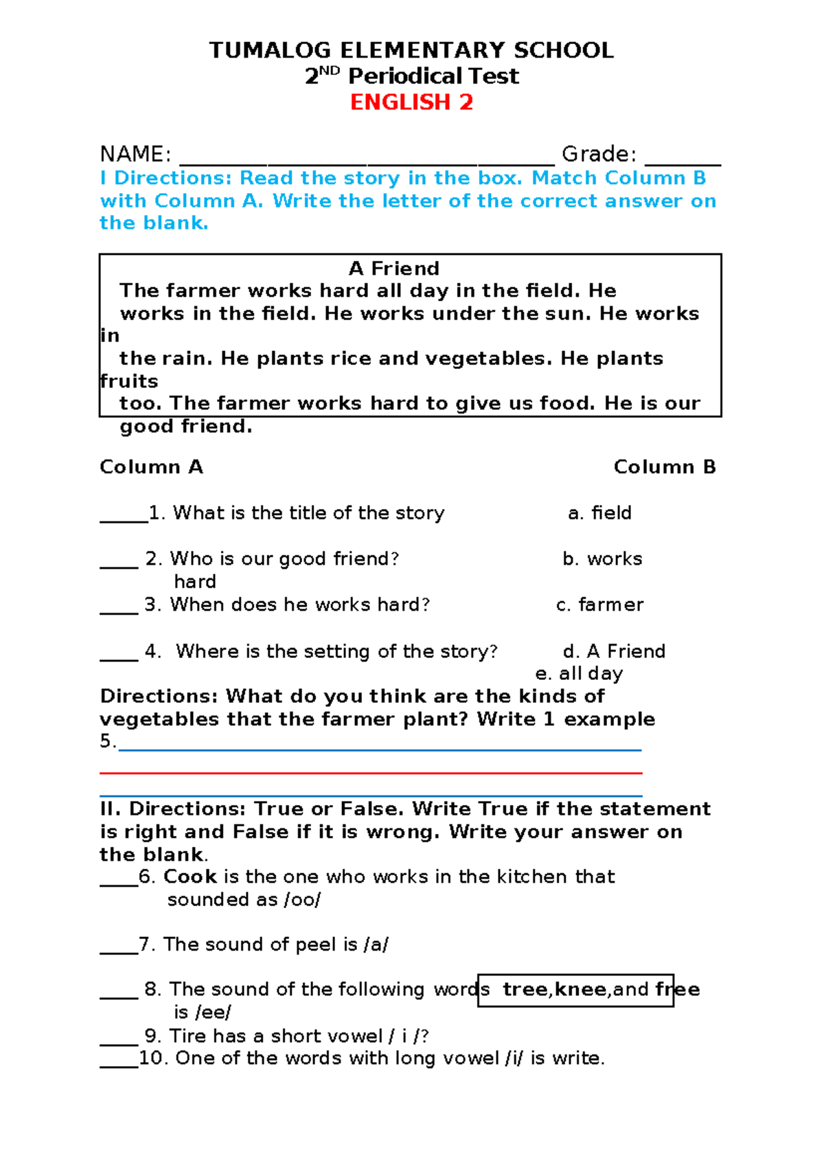 English 2 2nd Q PT - n/a - TUMALOG ELEMENTARY SCHOOL 2 ND Periodical ...