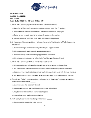 BAM550 Rev 02 2021 pre-test exam - Student ID: 74935 BAM550 Rev. 02 ...