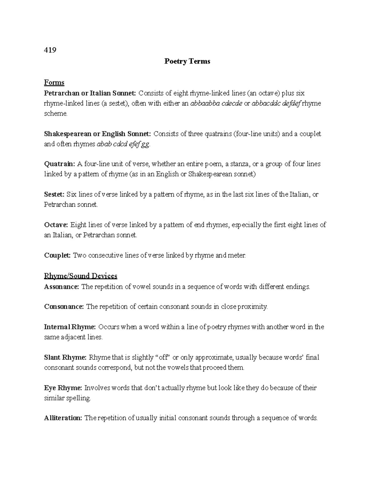 419 Poetry Terms - 419 Poetry Terms Forms Petrarchan or Italian Sonnet ...