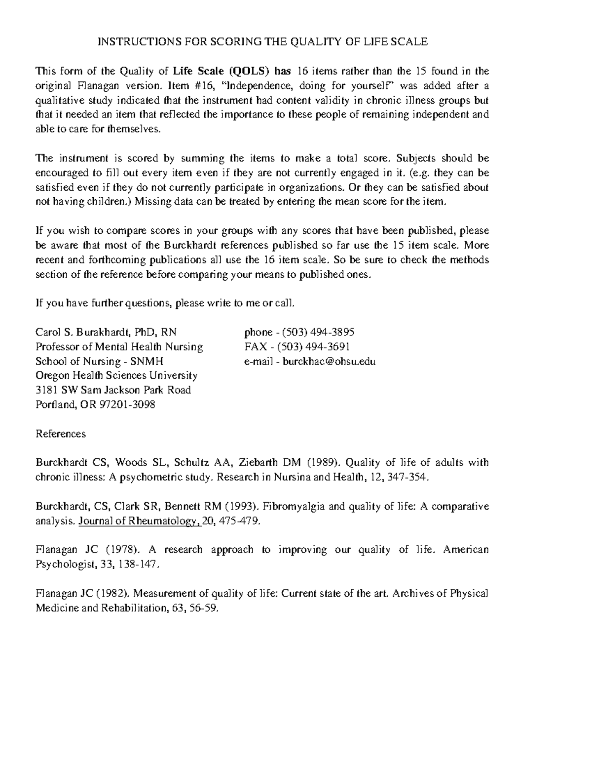 QOLS - AFC Research Project - INSTRUCTIONS FOR SCORING THE QUALITY OF LIFE SCALE This form of ...