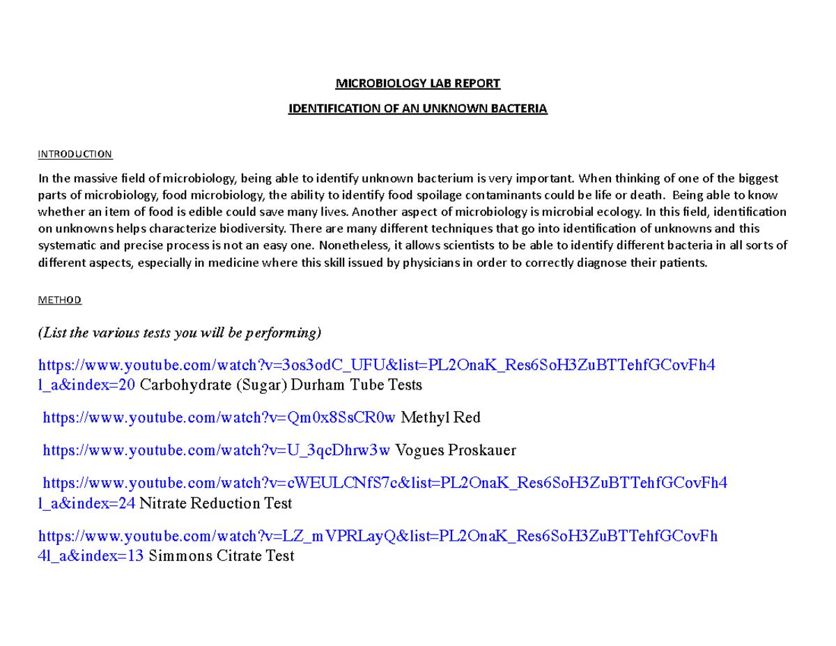 Micro Lab Report final - lab - MICROBIOLOGY LAB REPORT IDENTIFICATION ...