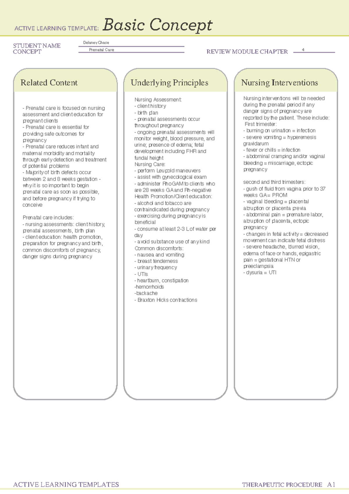 ALT 1 OB - Active learning template - ATI Basic Concept Prenatal Care ...
