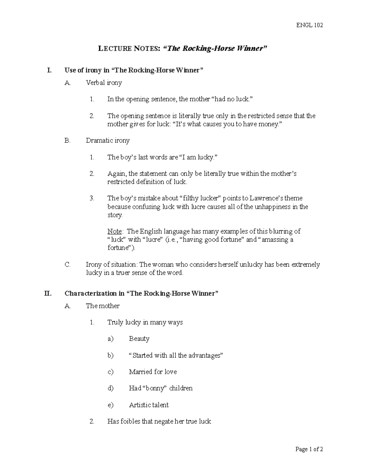 Lecture Notes The Rocking-Horse Winner - ENGL 102 LECTURE NOTES: “The ...