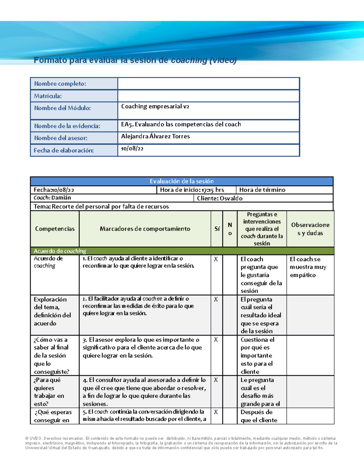 Intervención integral de coaching - Formato para evaluar la sesión de ...