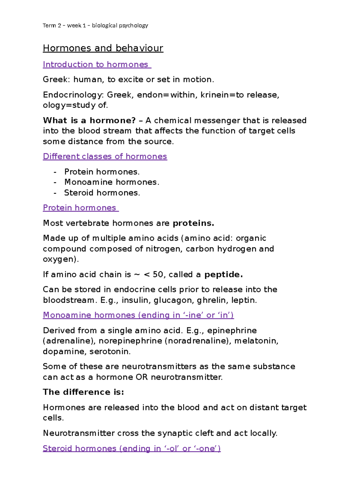 Year 2 - week 1 - biological psychology - Hormones and behaviour ...