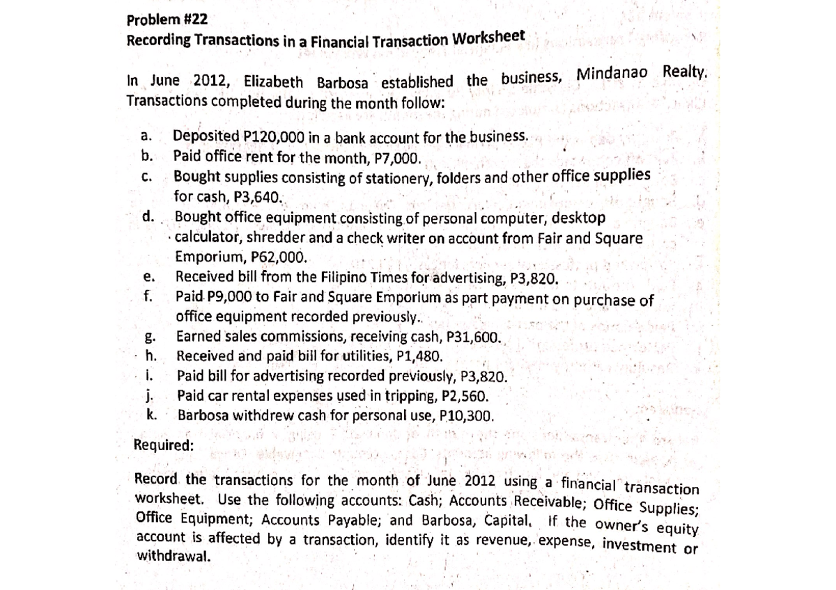 Exercise for Financial Transaction Worksheet - Research - Studocu