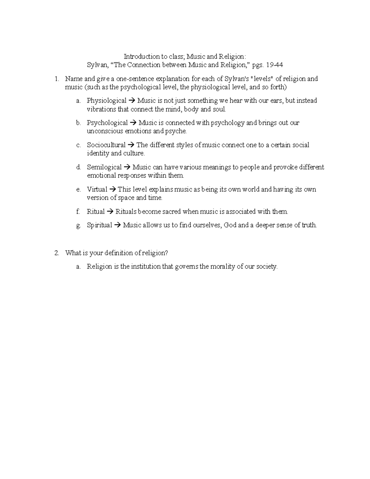 Understanding Religion Reading Questions 5:30 - Introduction to class ...