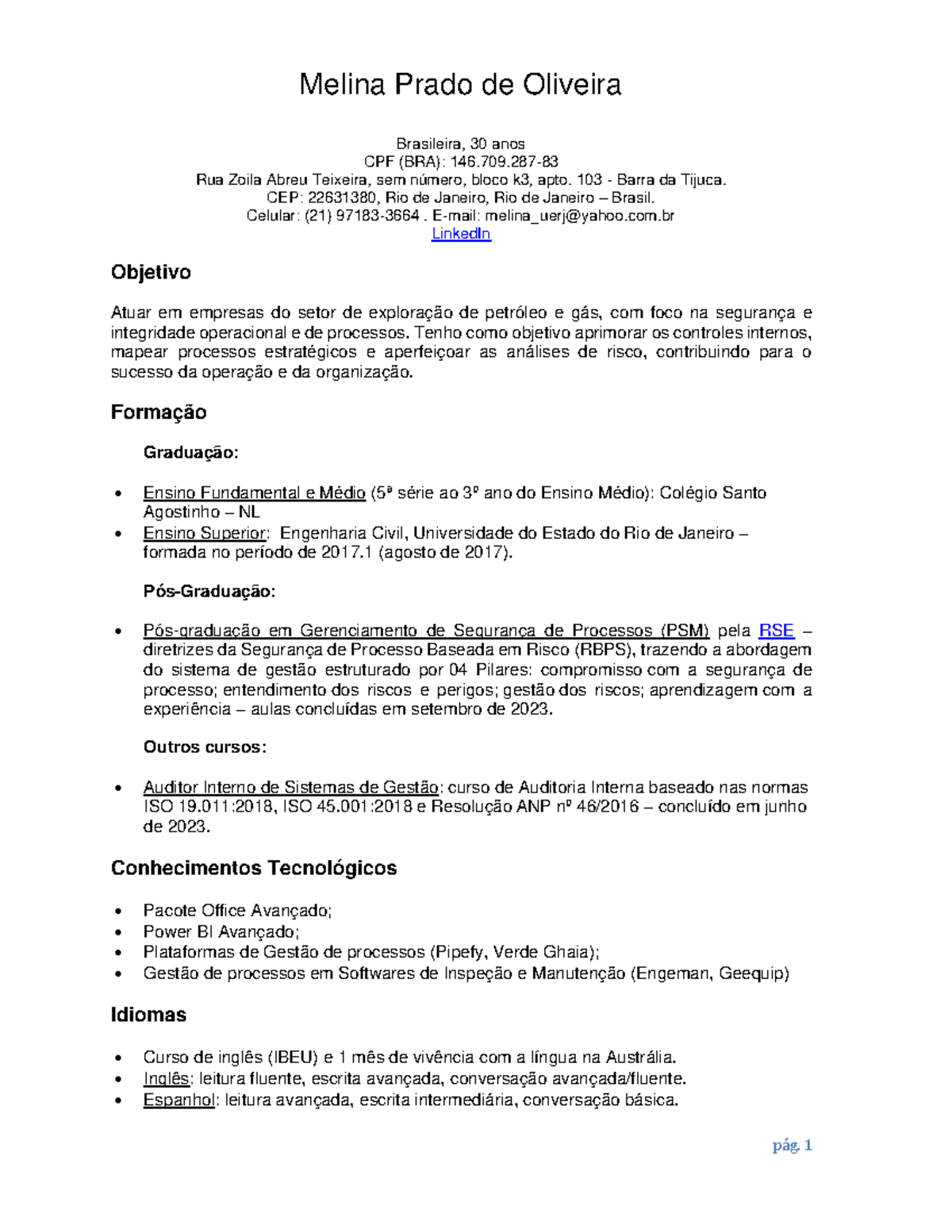 CV Melina Oliveira 2023 - pág. 1 Melina Prado de Oliveira Brasileira ...