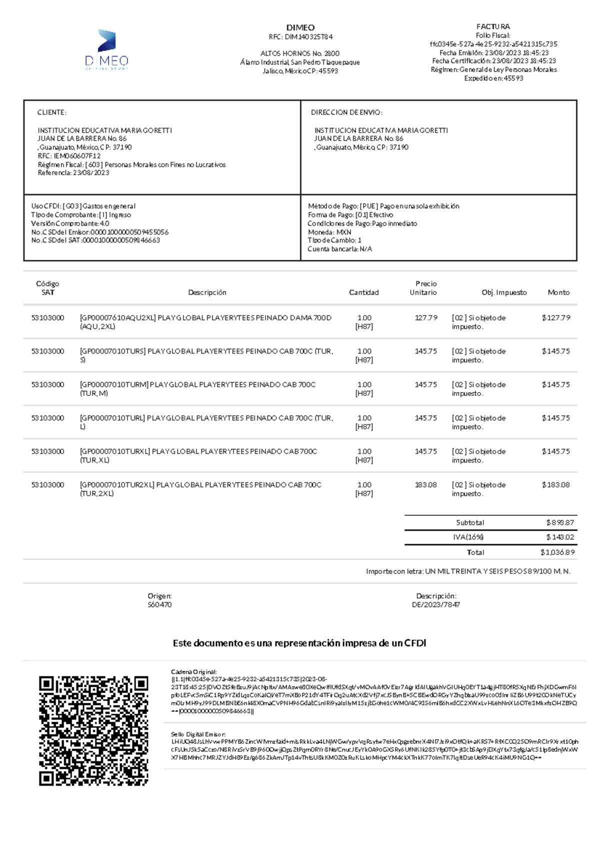 Factura DE 2023 7847 - apuntes - DIMEO RFC: DIM140325T ALTOS HORNOS No ...