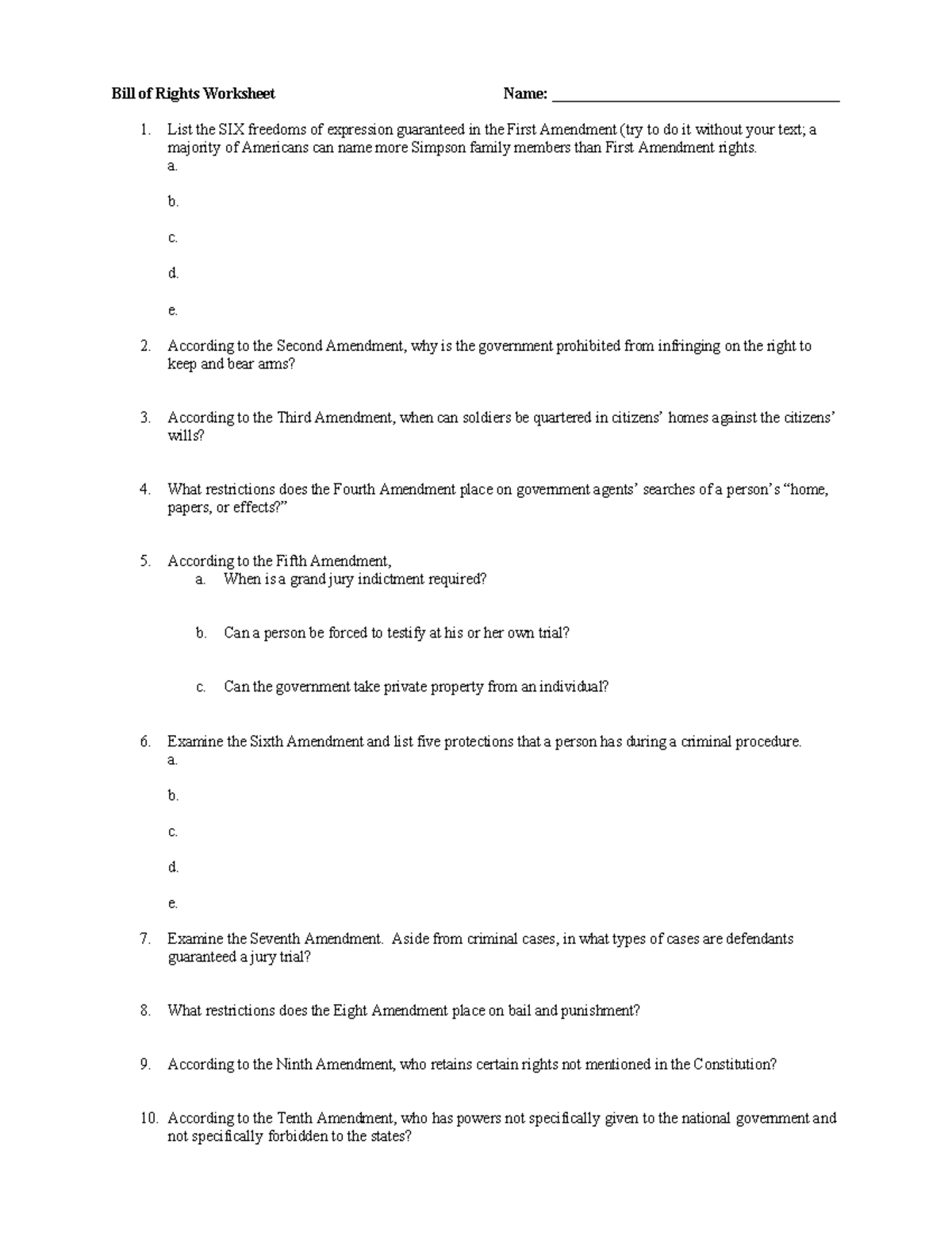 Bill of rights study packet - Bill of Rights Worksheet Name