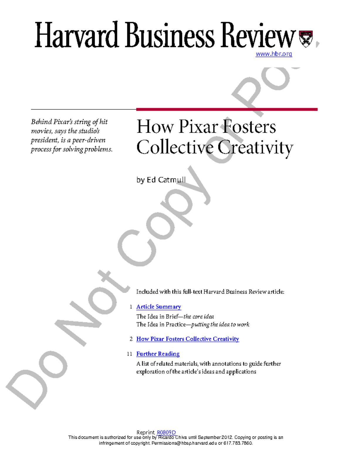 How pixar fosters creativity - Do Not Copy or Post This document is ...