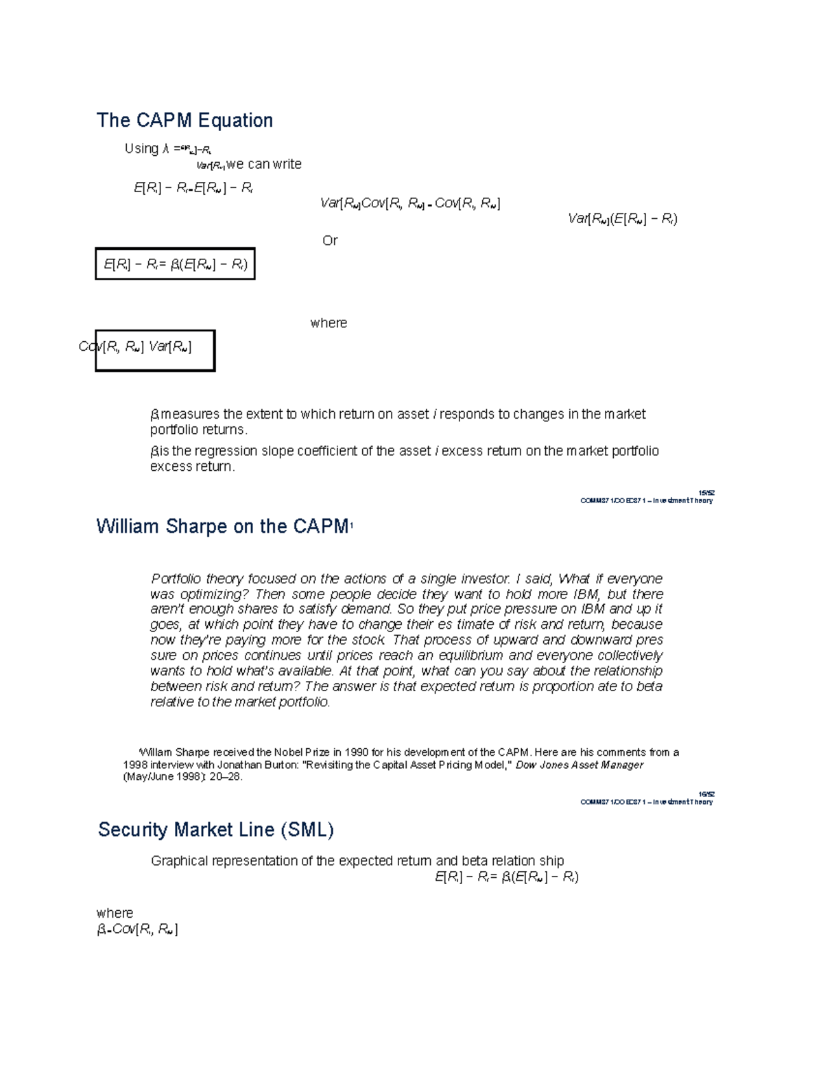 The CAPM Equation - notes - The CAPM Equation Using λ =E[RM ]−Rf Var[RM ...