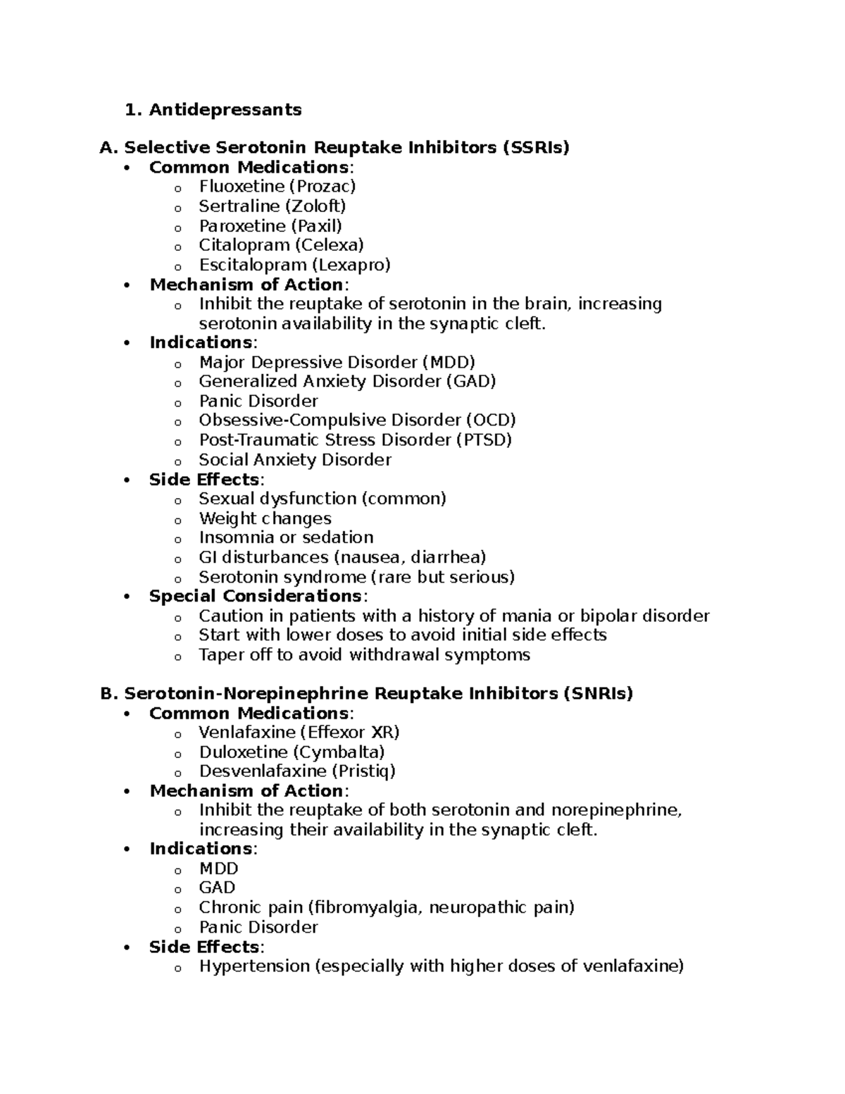 Medication review - 1. Antidepressants A. Selective Serotonin Reuptake ...