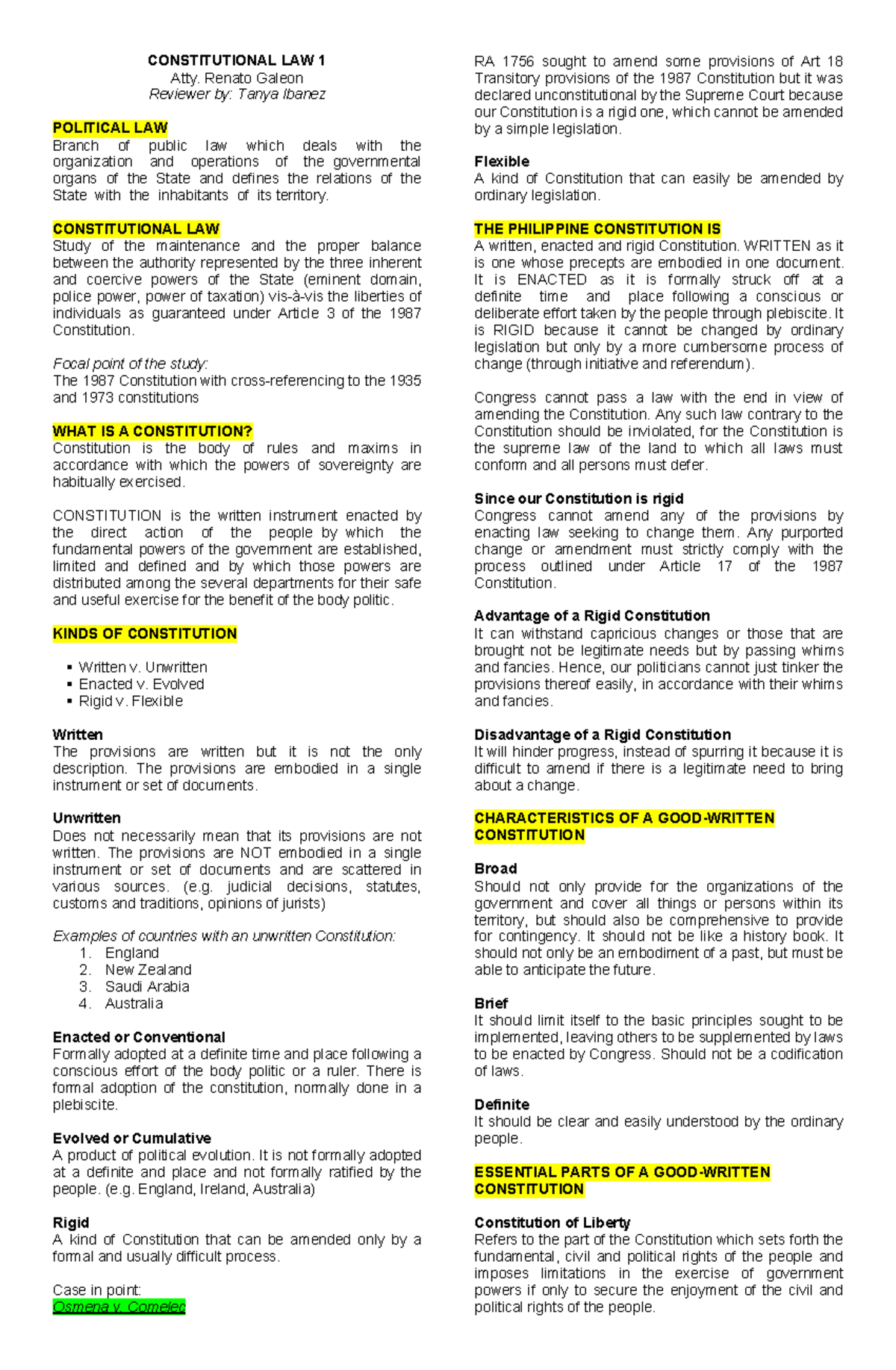 Notes on the Law of Constitutional Doctrines - CONSTITUTIONAL LAW 1 ...