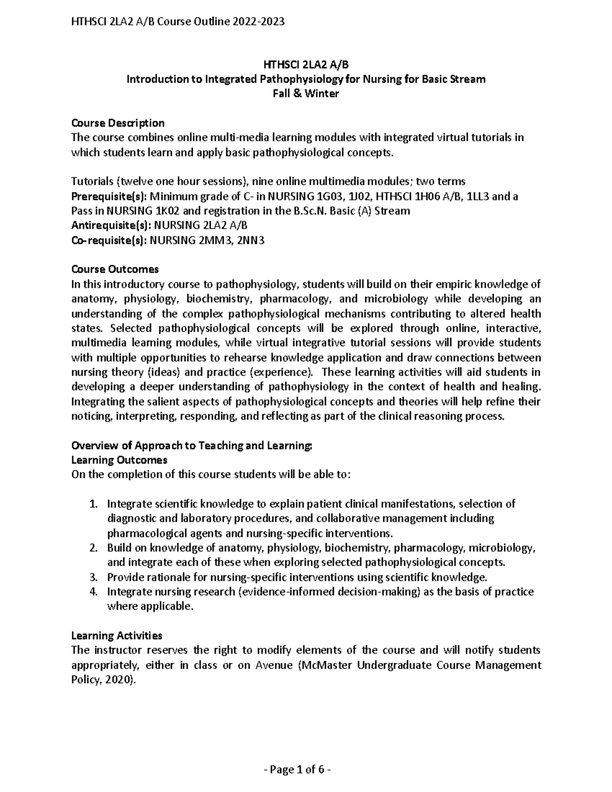 Hthsci 2LA2 Course Outline 2022-2023 - HTHSCI 2LA2 A/B Introduction to ...