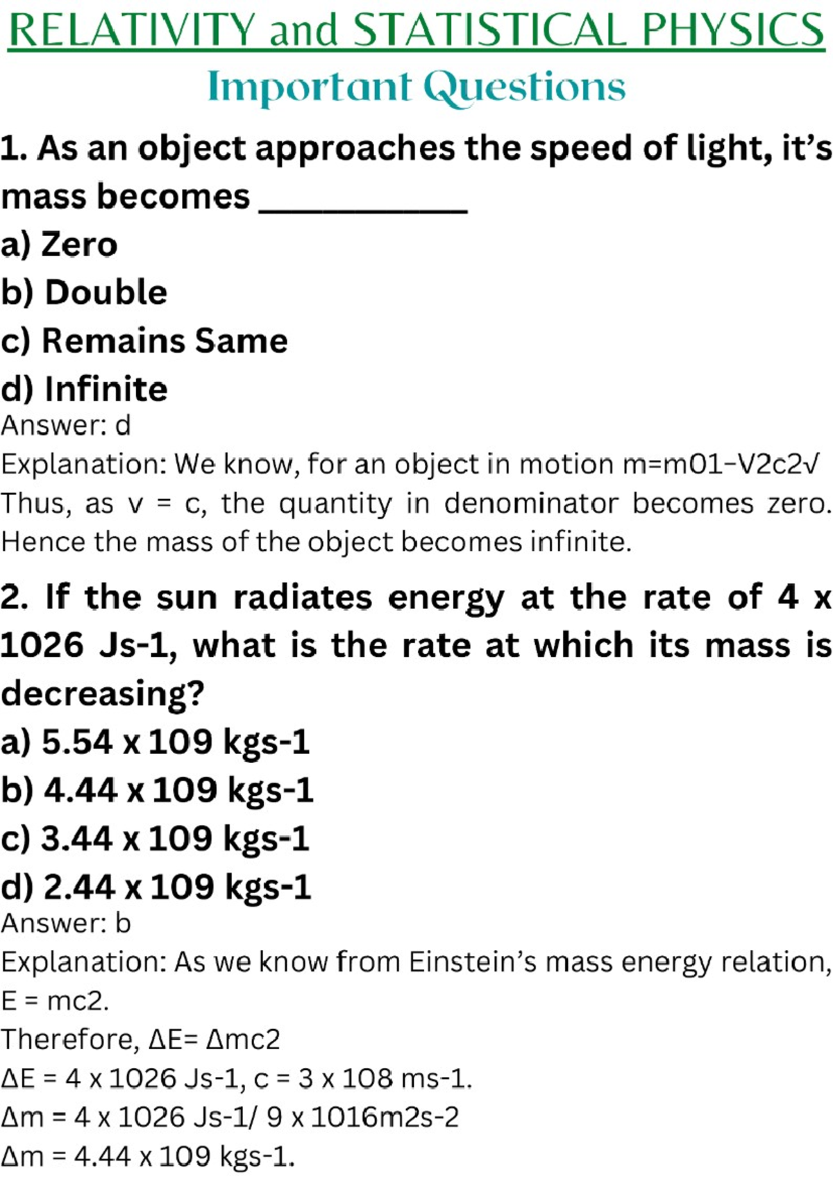 Relativity and Statistical Physics 1 - Studocu