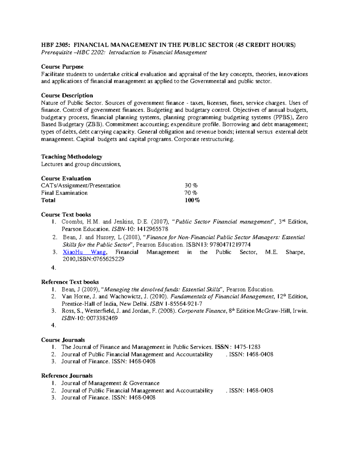 FM in public sector course outline - HBF 2305: FINANCIAL MANAGEMENT IN THE PUBLIC SECTOR (45 ...