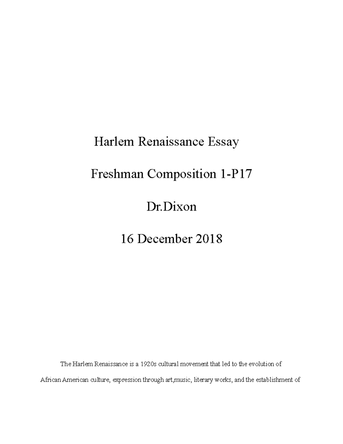 Harlem Renaissance Essay - Harlem Renaissance Essay Freshman ...