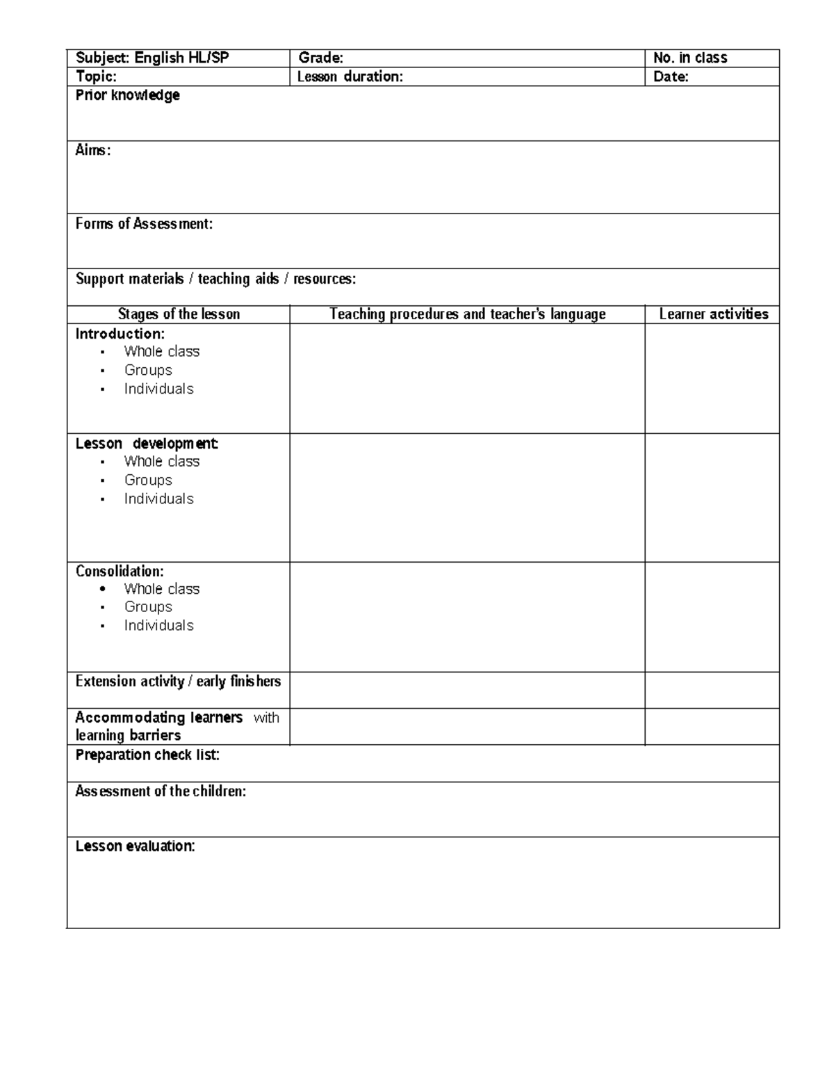 Lesson plan template - useful - Subject: English HL/SP Grade: No. in ...