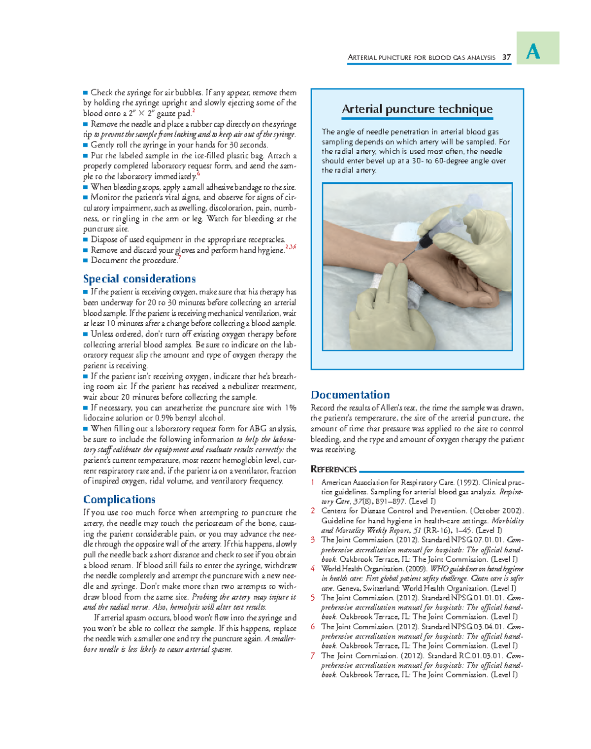 Nursing procedures 10 - ARTERIAL PUNCTURE FOR BLOOD GAS ANALYSIS 37 A ...