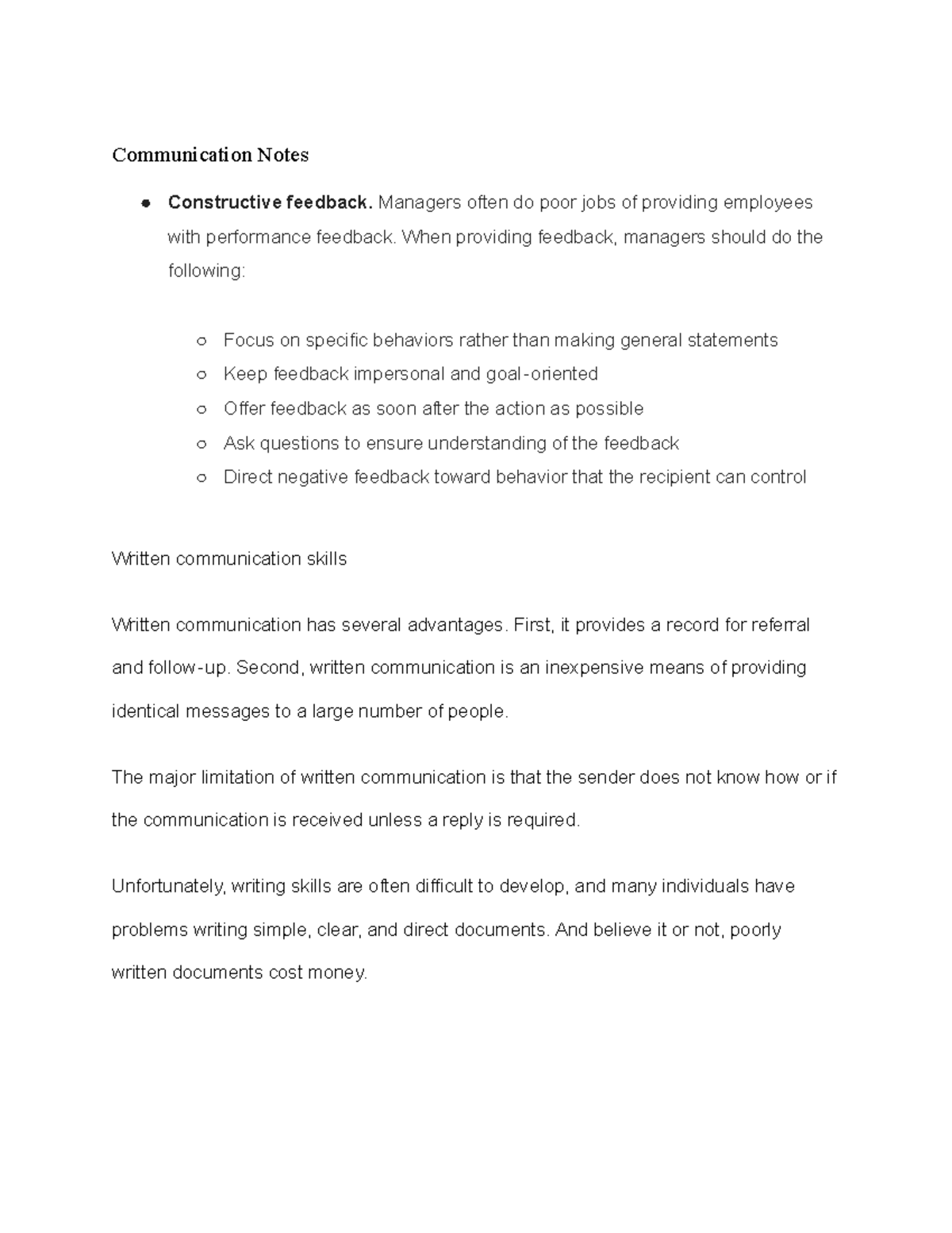 Communicetion notes 3 - Communication Notes Constructive feedback ...