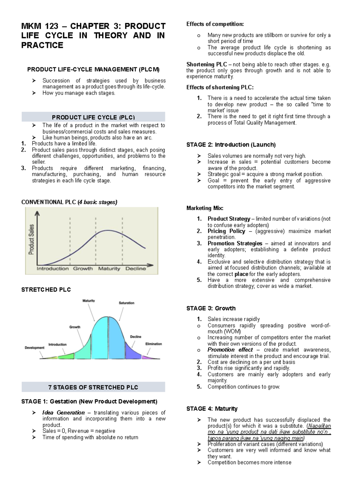 MKM 123 Chapter 3 - none - PRODUCT LIFE CYCLE (PLC) 7 STAGES OF ...