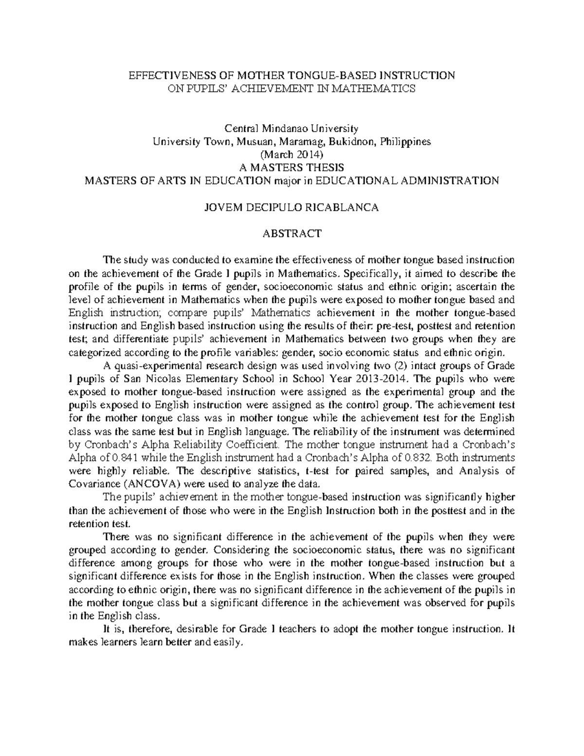 Effectiveness OF Mother Tongue - EFFECTIVENESS OF MOTHER TONGUE-BASED ...