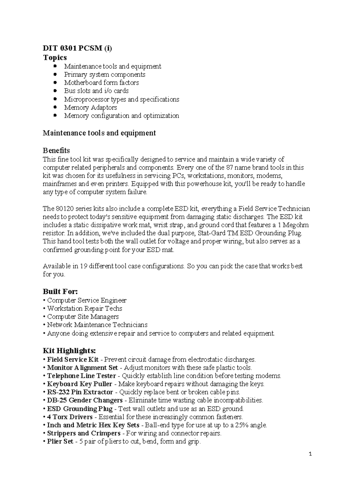 Course Outline & PC notes - DIT 0301 PCSM (i) Topics Maintenance tools ...