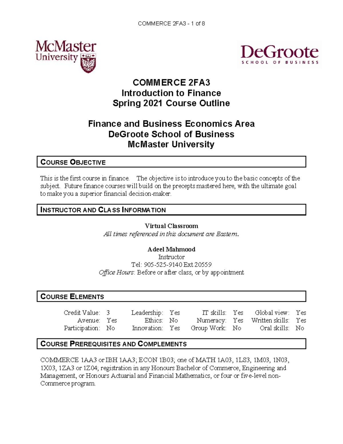 Commerce 2FA3 - 2021-2-S - COMMERCE 2FA Introduction to Finance Spring ...