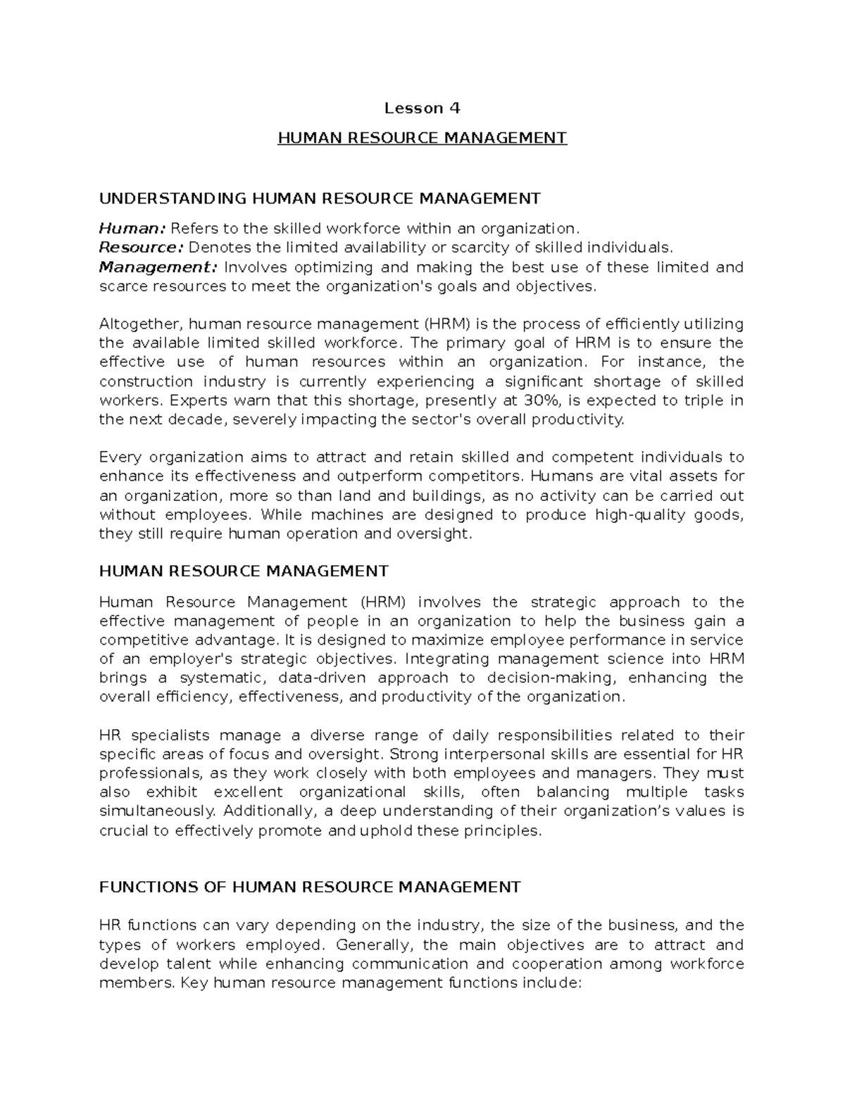Lesson 4 - Human Resource Management - Lesson 4 HUMAN RESOURCE ...