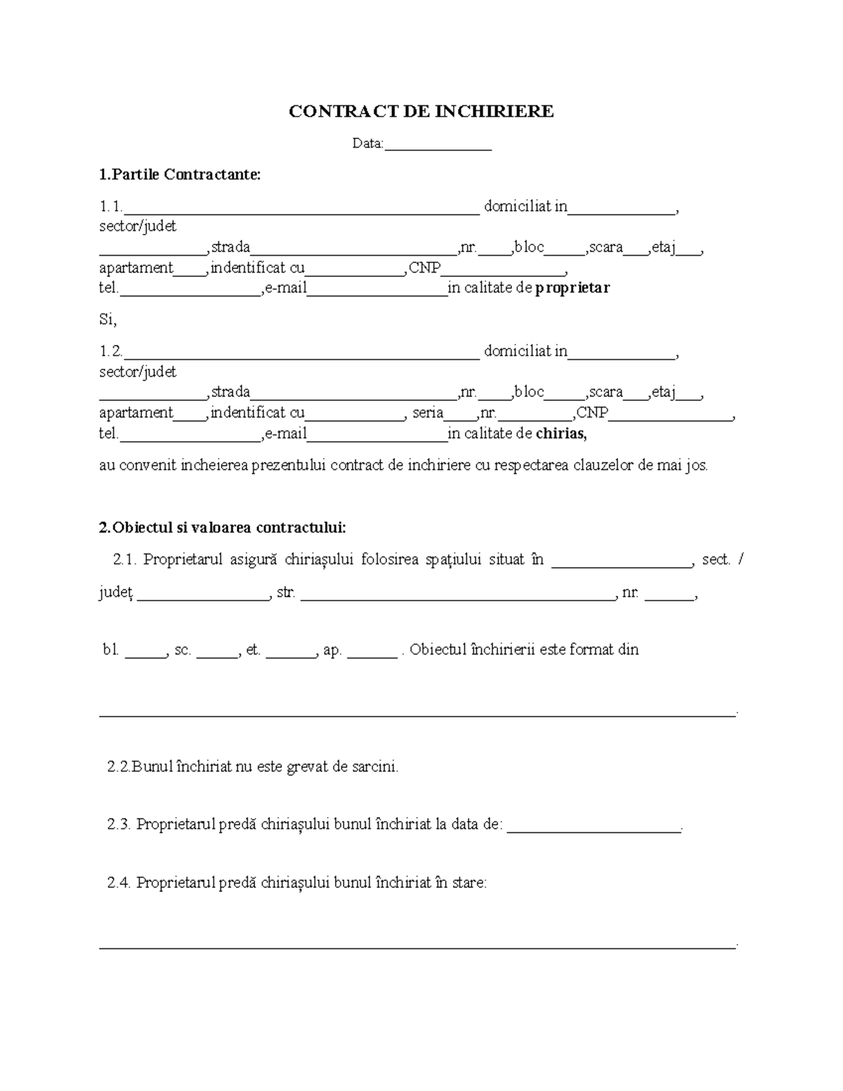 Contract DE Inchiriere - CONTRACT DE INCHIRIERE Data:______________ 1 ...