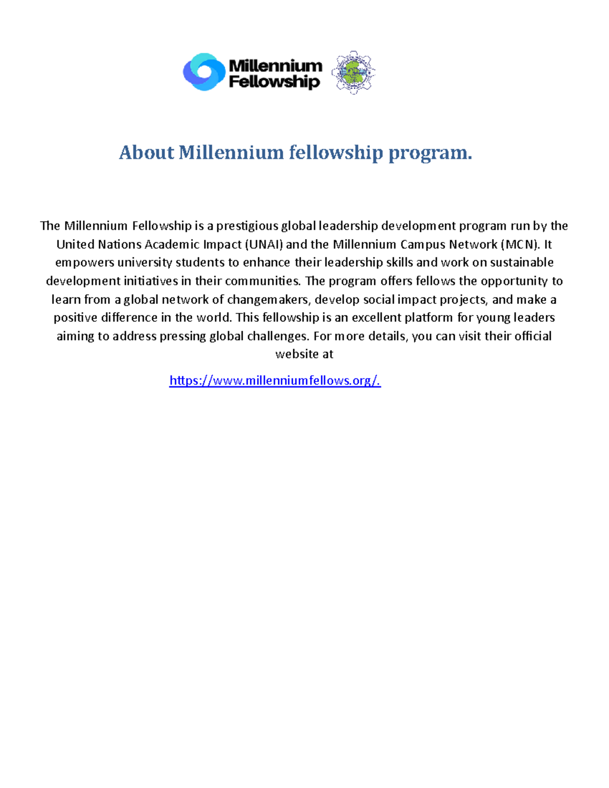 About Millennium fellowship programe - The Millennium Fellowship is a ...
