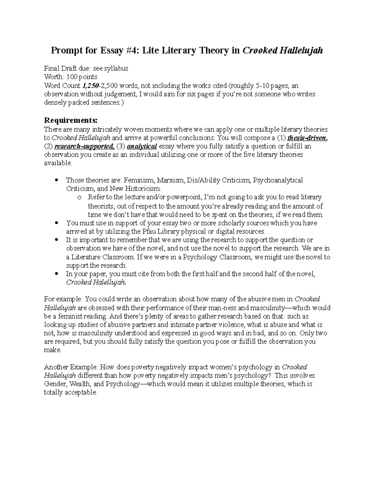 Prompt for Essay 4 Crooked Hallelujah - Prompt for Essay #4: Lite ...