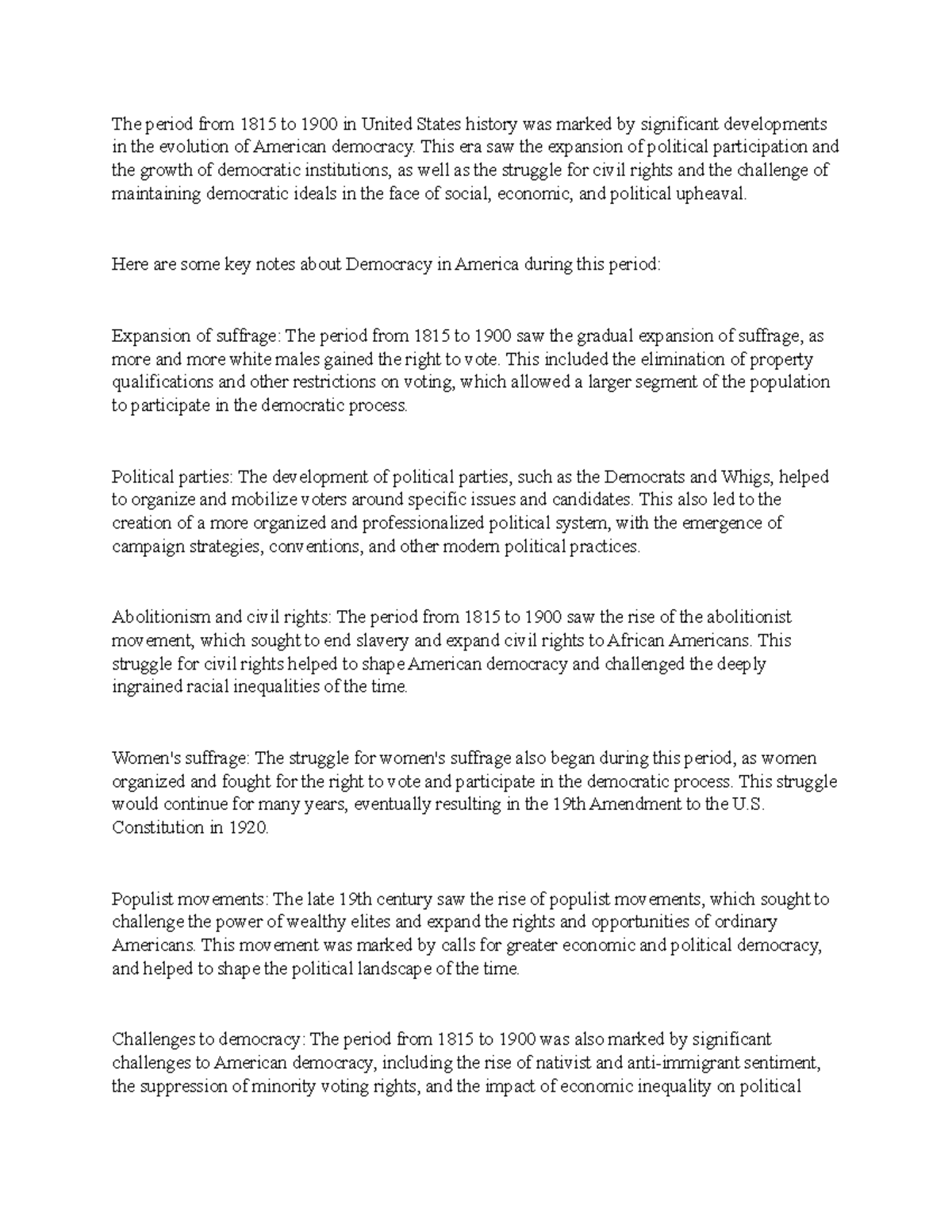 H2 - Notes about Democracy in America United States History from 1815 ...