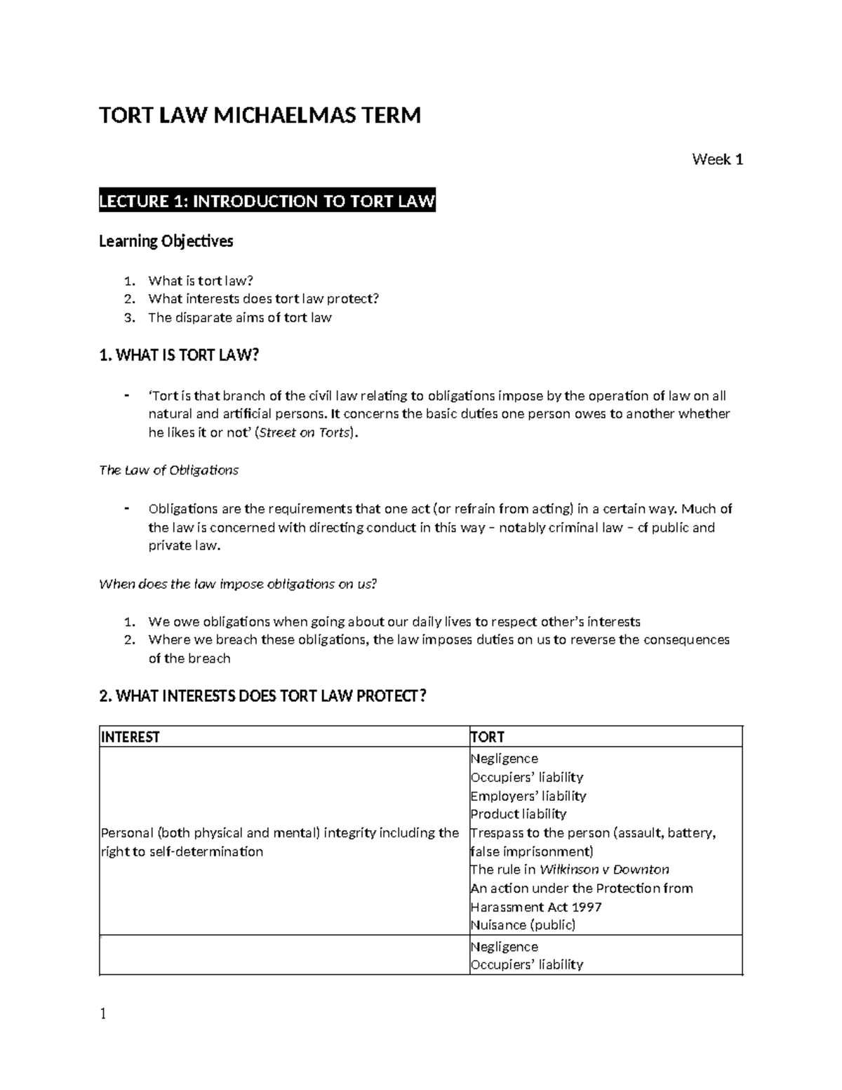 LAW 1051 Notes - TORT LAW MICHAELMAS TERM Week 1 LECTURE 1 ...