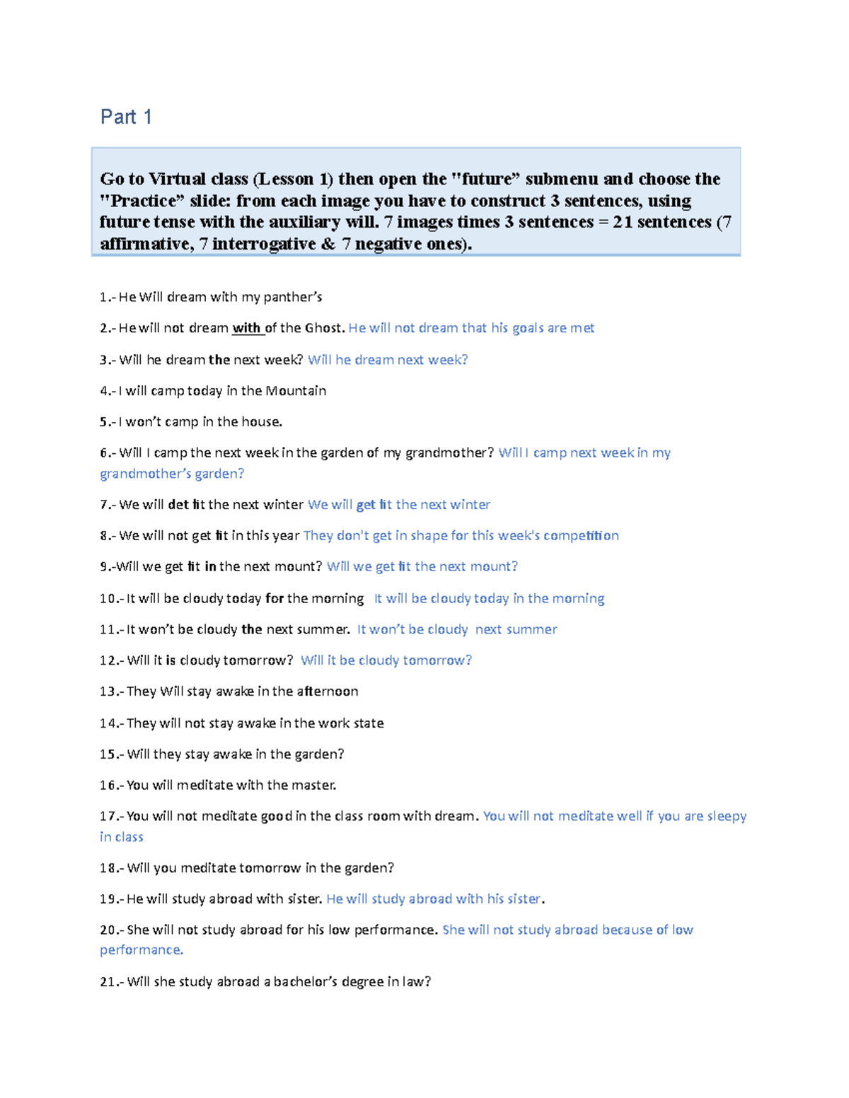 Ingles - Part 1 Go to Virtual class (Lesson 1) then open the "future” submenu and choose the ...