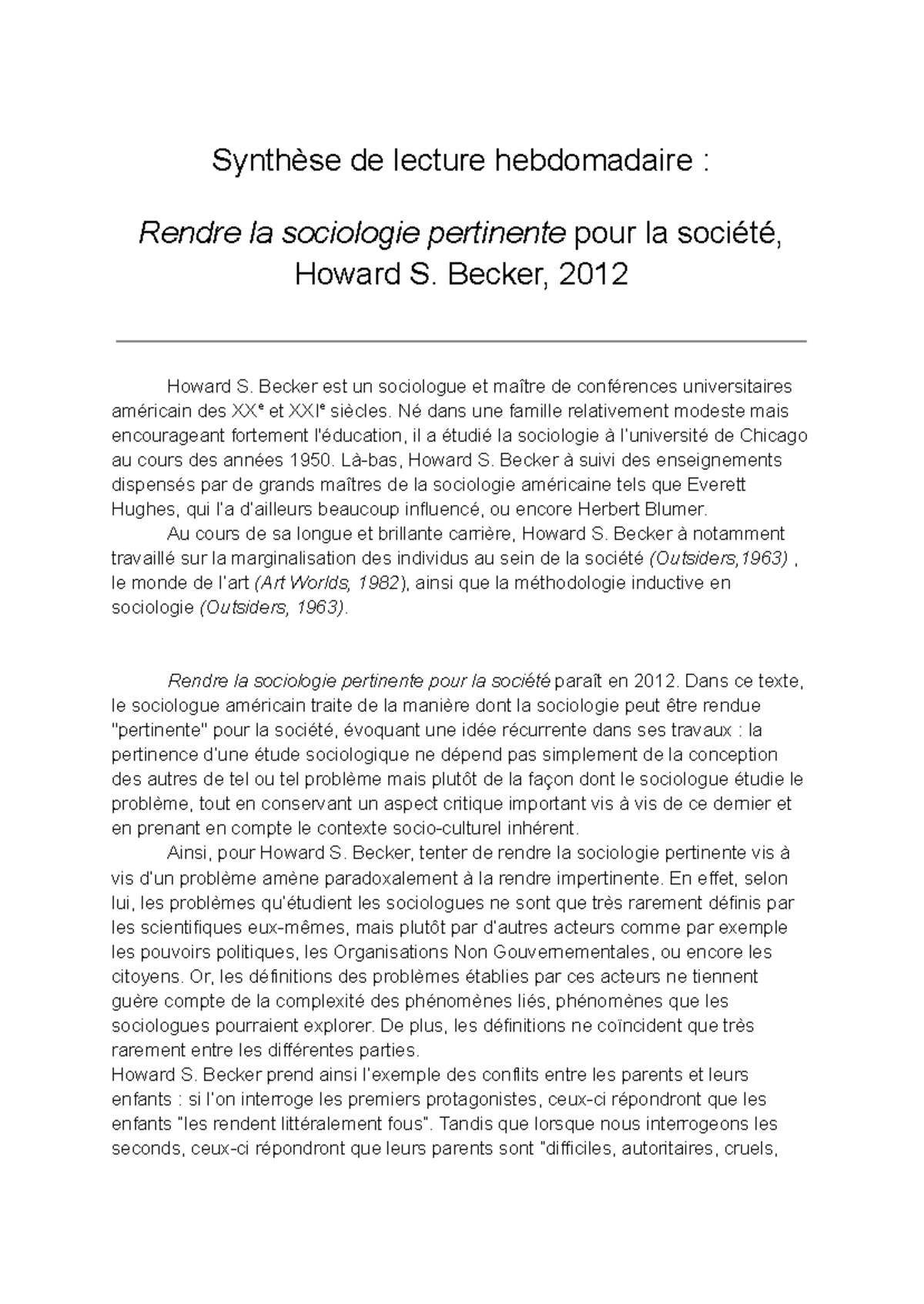 Synthèse de lecture - Becker - Rendre la sociologie pertinente pour la ...