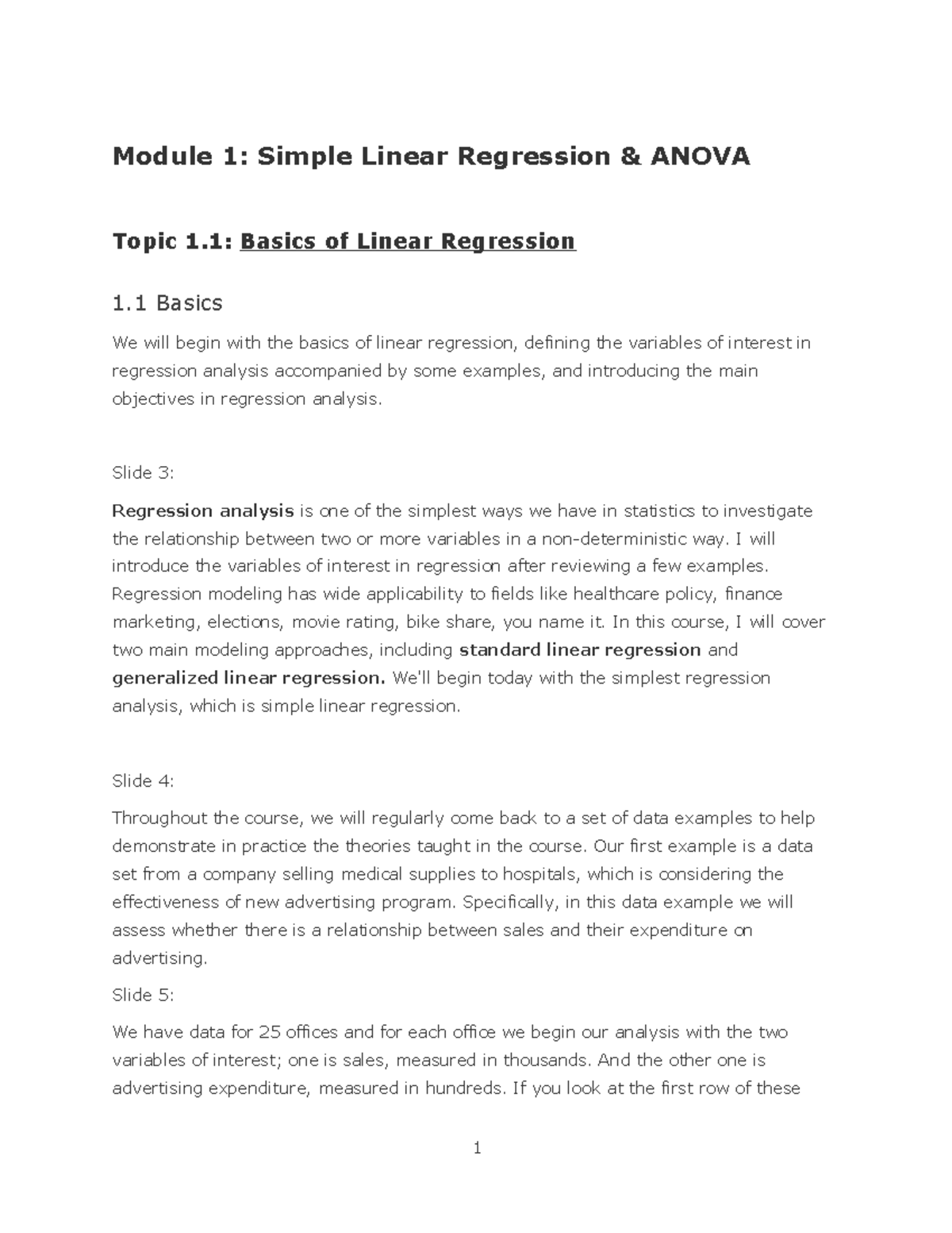 Module 1 Transcripts - Module 1: Simple Linear Regression & ANOVA Topic 1: Basics of Linear ...