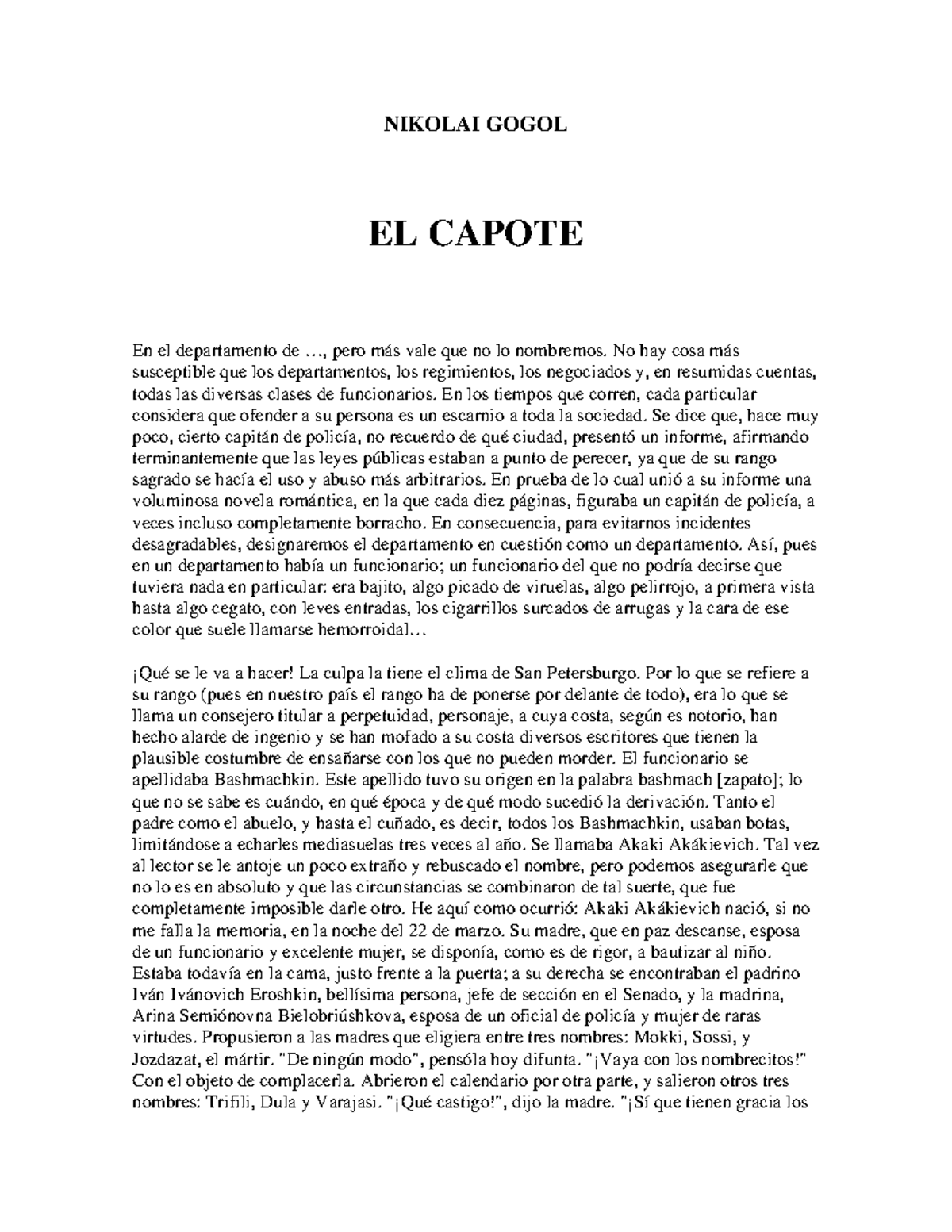 2 El capote autor Nikolái Gógol - NIKOLAI GOGOL EL CAPOTE En el ...