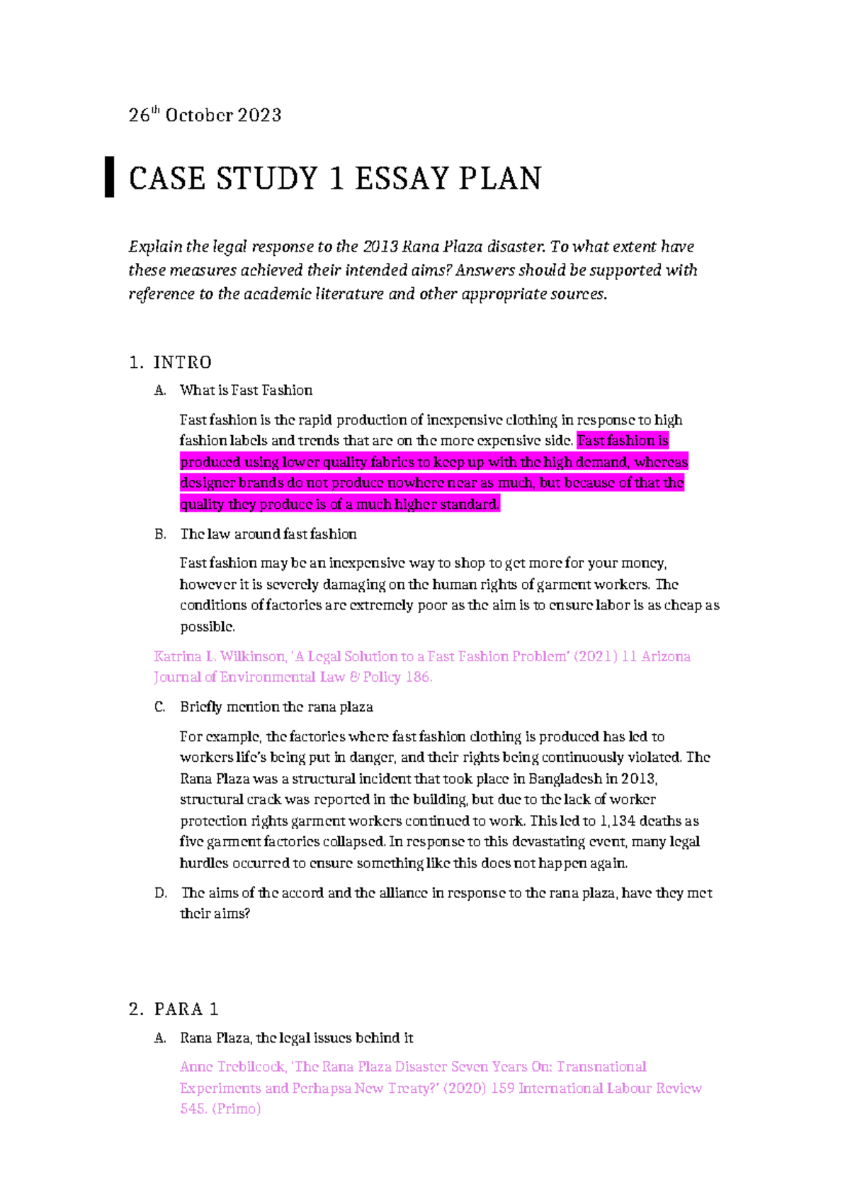 Case Study Essay 1 Plan - 26 th October 2023 CASE STUDY 1 ESSAY PLAN ...