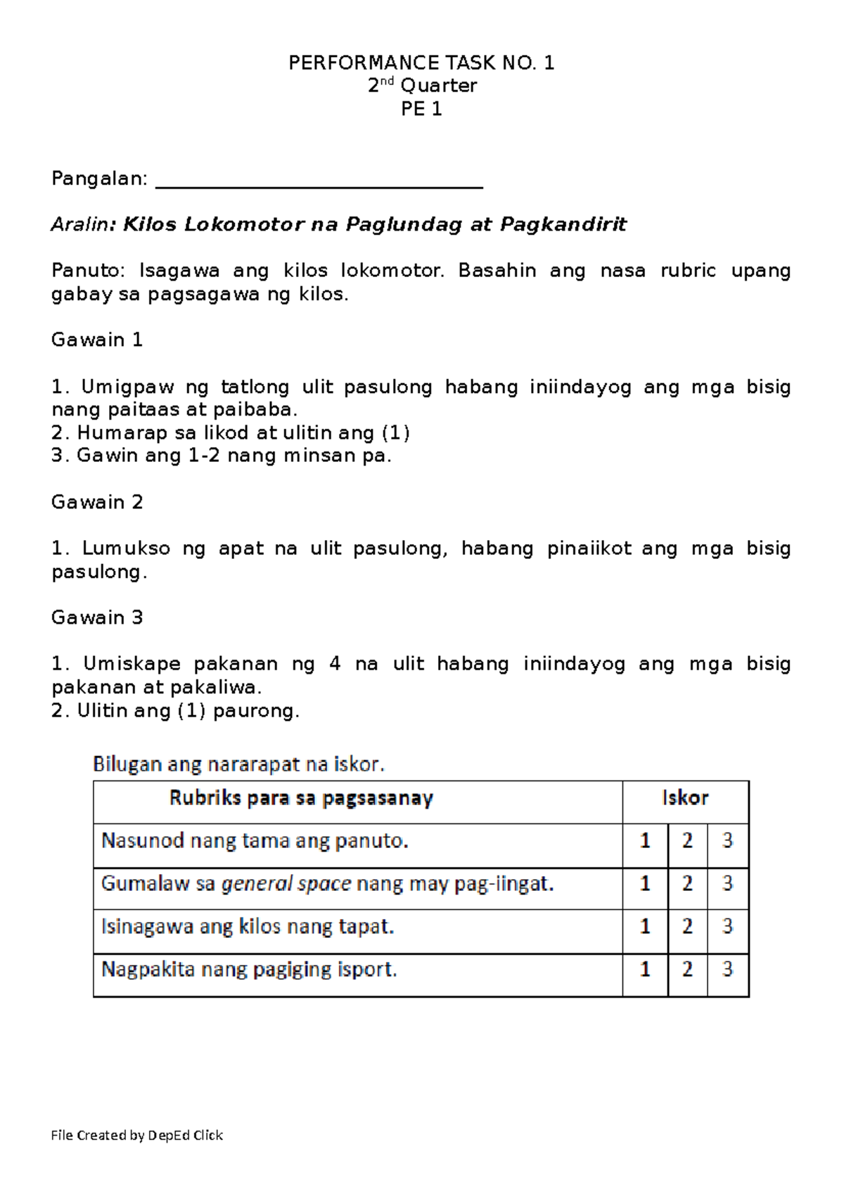 PE1 Ptask 1 Q2 - Elementary - PERFORMANCE TASK NO. 1 2 nd Quarter PE 1 ...