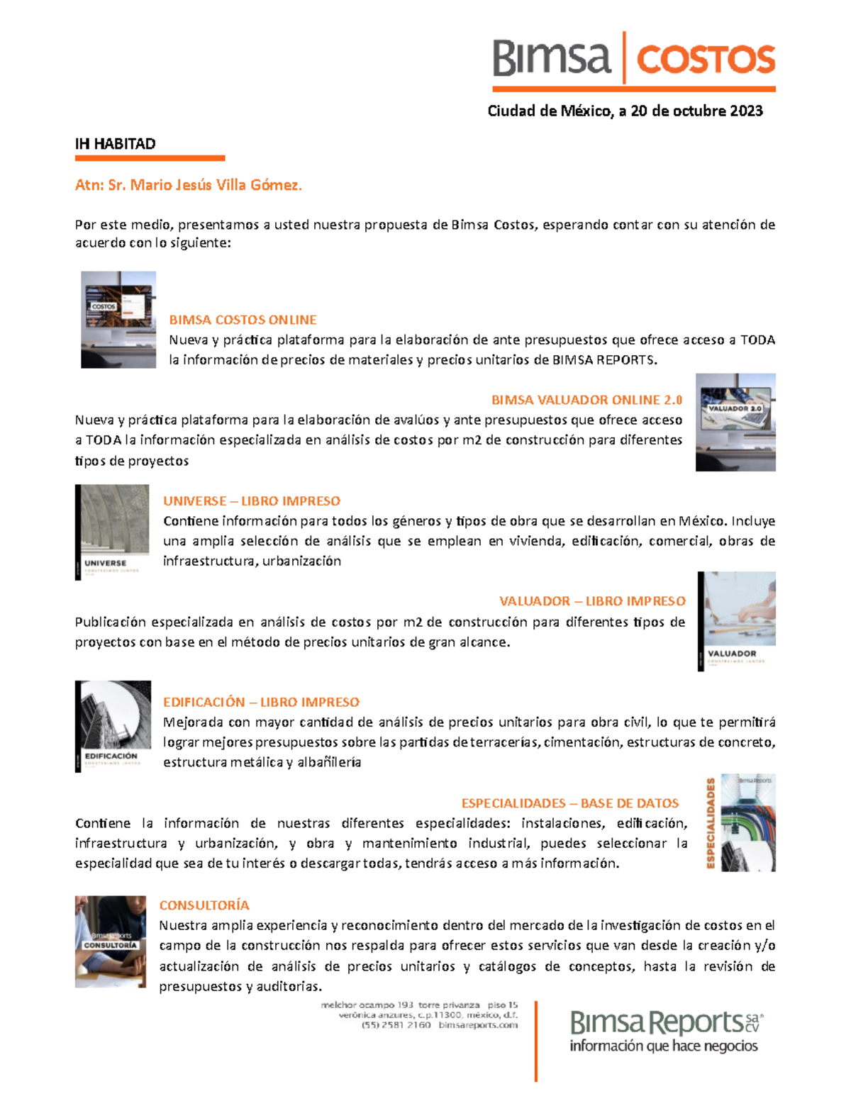 Bimsa Costos Informacion - Ciudad de México, a 20 de octubre 2023 IH ...